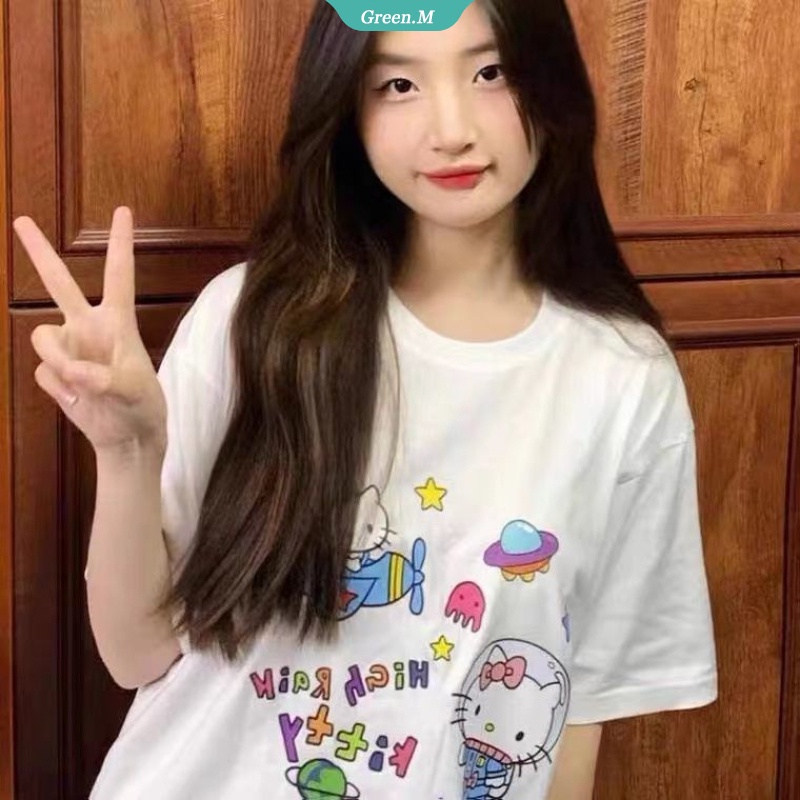 SANRIO เสื้อยืดแขนสั้น ผ้าฝ้าย ทรงหลวม พิมพ์ลาย Hello Kitty แฟชั่นฤดู ...