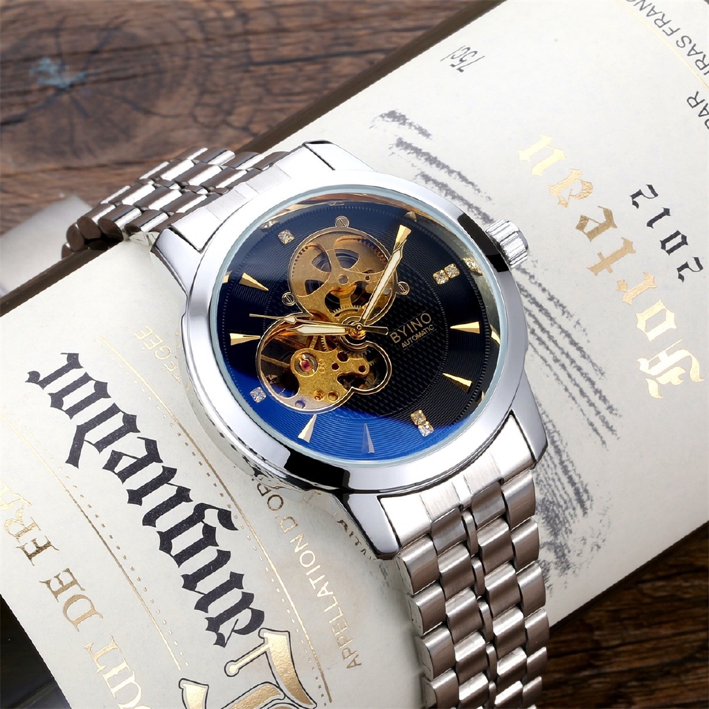 ใหม่ BYINO กันน้ำกลไกนาฬิกาผู้ชายนาฬิกาส่องสว่างกันน้ำกลวงอัตโนมัติง่าย ...