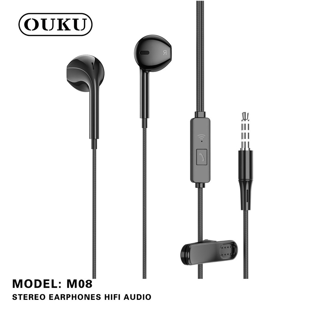 OUKU M08 หูฟัง แจ๊ค3.5มม. หุฟัง earphone มี ขาว ดำ หูฟังมีสาย หูฟัง มีปุ่มรับสาย ใช้ได้กับทุก ...