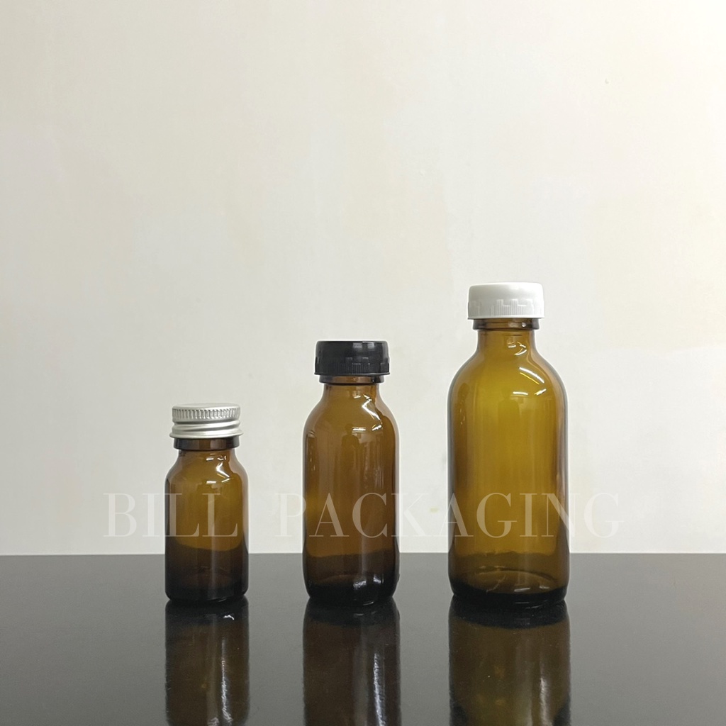 ขวดแก้วกลมสีชาและสีใส ขนาด 15cc.30cc.60cc. พร้อมฝาและจุก - billthp - ThaiPick