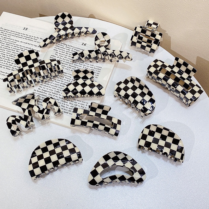 กิ๊บติดผมVintage Women Girls Acrylic Checkered Hair Claw Shark Cli ...