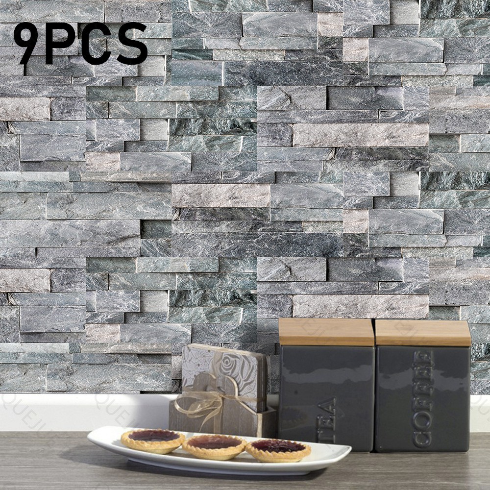 9PCS Gray Self-adhesive Stone Brick Wall Sticker Tile Sticker Bathroom ...