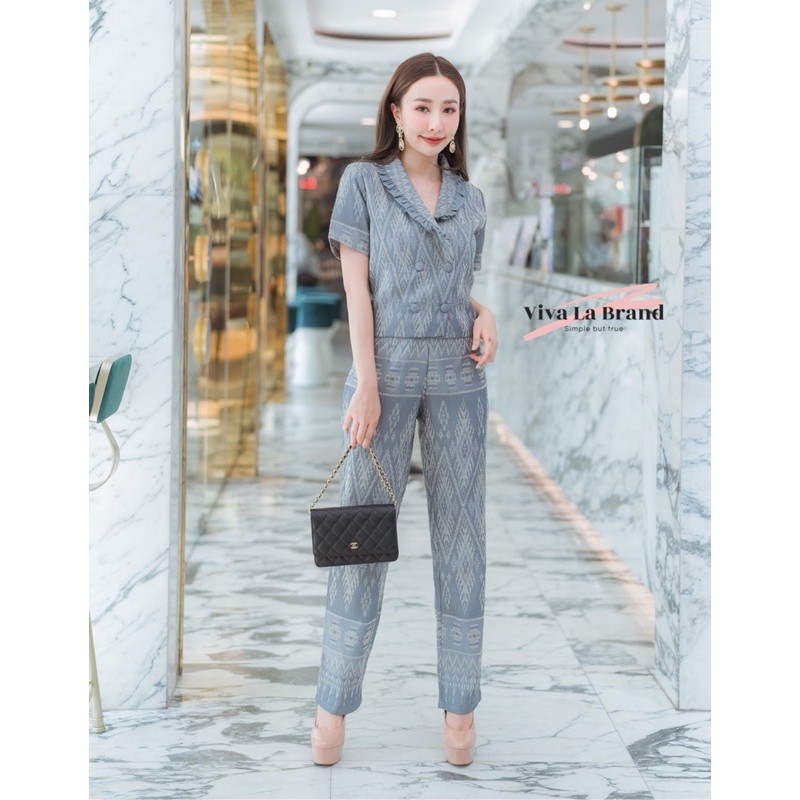 V038 ชุดทำงานเสื้อกางเกงผ้าทอลายไทย Vivalabrand Thaipick