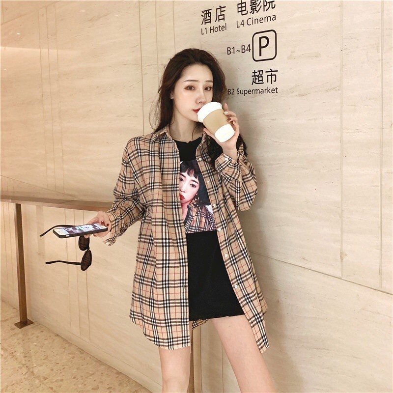 ♘เสื้อเชิ้ตลายสก็อต บลูเบอรี่ งานปักที่อก มีไซส์ เสื้อยืดแขนยาว เสื้อ