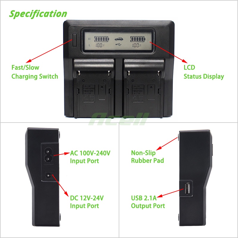 Lcd Dual Battery Fast Charger For Sony Np-f550 F570 F770 F960 F970 Qm71d Qm91d Fm500h Sokkia ...