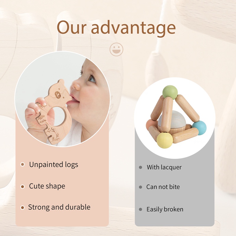 1set Wooden Rattle Beech Cloud Hand Teething Wooden Ring Baby Rattles ...