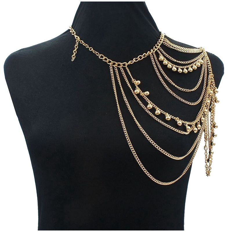 Gold Tone Harness Multilayer Body Chain with Bells Necklace Love Rocks ...
