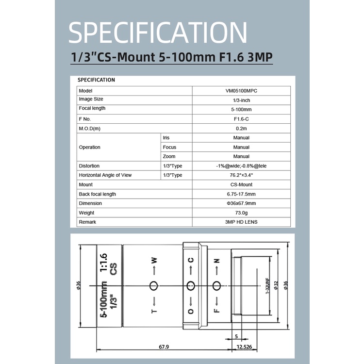 เลนส์กล้องโทรทรรศน์2.0Megapixel 5-100mm HD CCTV lens manual Iris ...