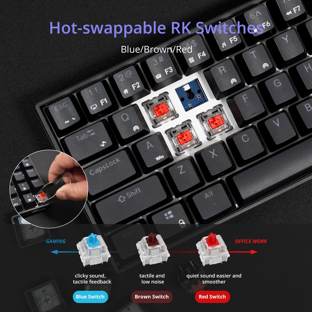 แป้นพิมพ์：RK71 70 Hot Swaable Mechanical Keyboard Wireless Bluetooth ...