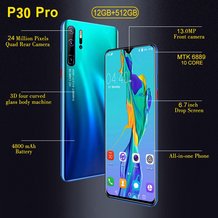 โทรศัพท์ HUAWEI P30 Pro 6.7 นิ้วโทรศัพท์มือถือราคาถูก 12 512G โทรศัพท์สำหรับเล่นเกมหน่วยความจำ ...