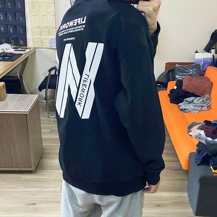 LifeWork cute French fighting pattern ins personality wild round neck loose sweater mens and ...