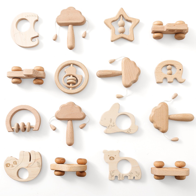 1set Wooden Rattle Beech Cloud Hand Teething Wooden Ring Baby Rattles ...