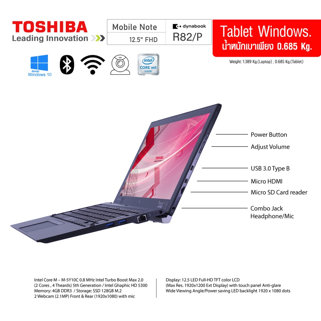 โน๊ตบุ๊ค/แท็บเล็ต Toshiba Dynabook R82/P Core m / RAM 4 GB / SSD 128 GB ...