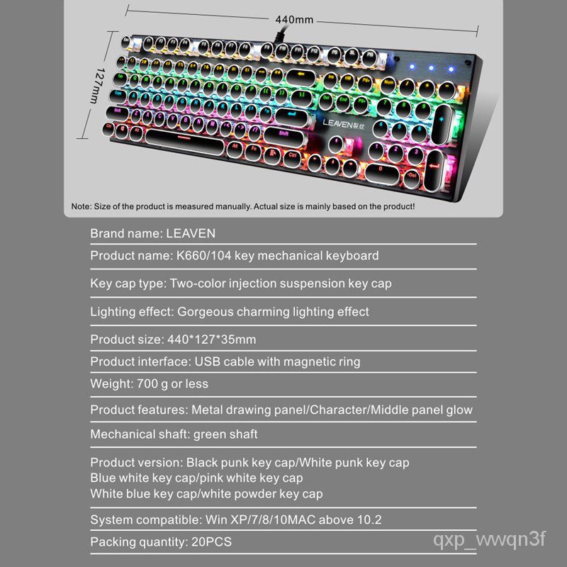 Leaven K660 Mechanical Gaming Keyboard Ergonomic Waterroof RGB Backlit ...