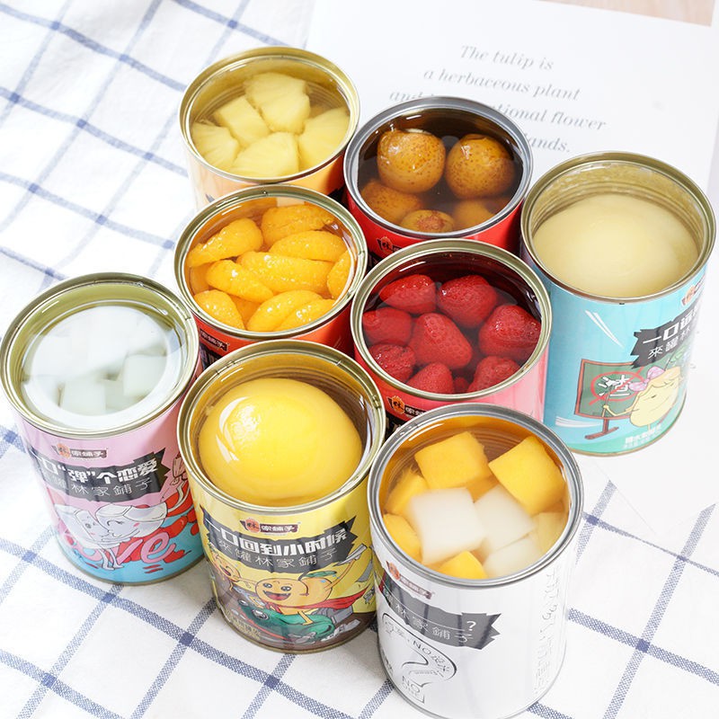 Linjiapu 425g6 กระป๋องตาบอด กล่องสด ผลไม้กระป๋องสีเหลืองพีชและสตรอเบอร์รี่คละ 9 รสชาติผสม ...