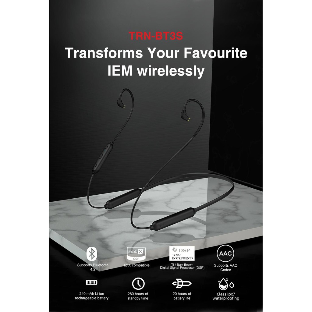 TRN BT3S สายอัพเกรด Bluetooth 5 Wireless แบบคล้องคอ APT-X ขั้ว 2PIN MMCX ดีกว่ารุ่น KZ ใช้ได้กับ ...