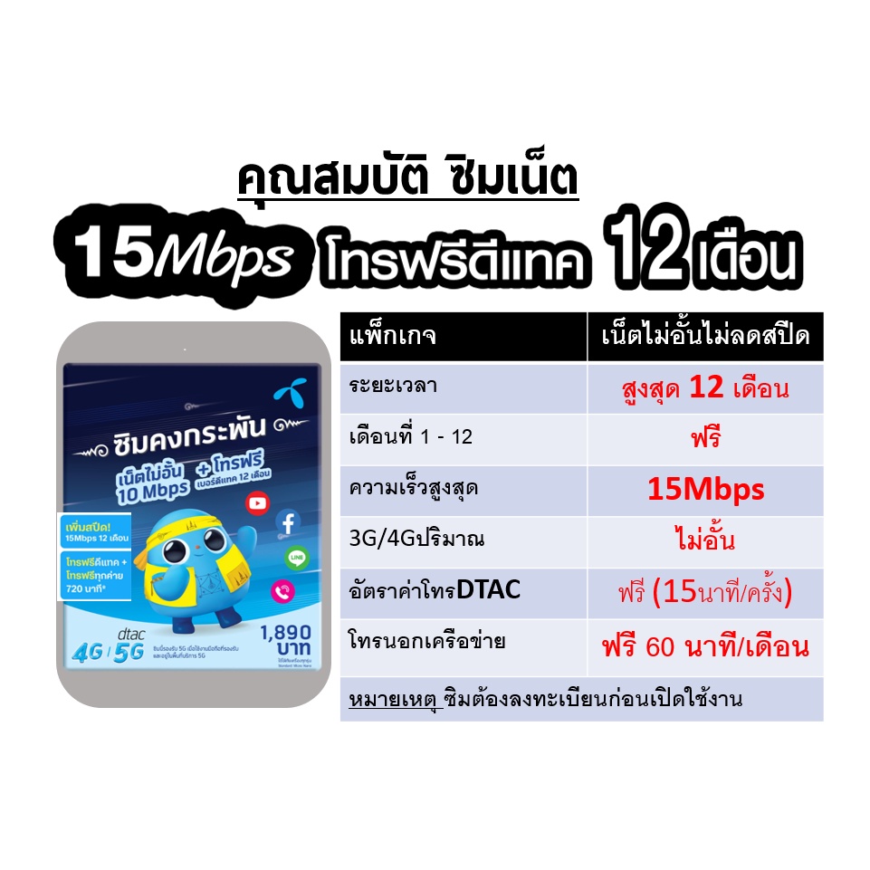 dtac ซิมดีแทคคงกระพัน 12 เดือน - เน็ต 15Mbps ไม่อั้น ไม่ลดสปีด พร้อมโทรฟรีเบอร์ดีแทค ครั้งละ 15 ...
