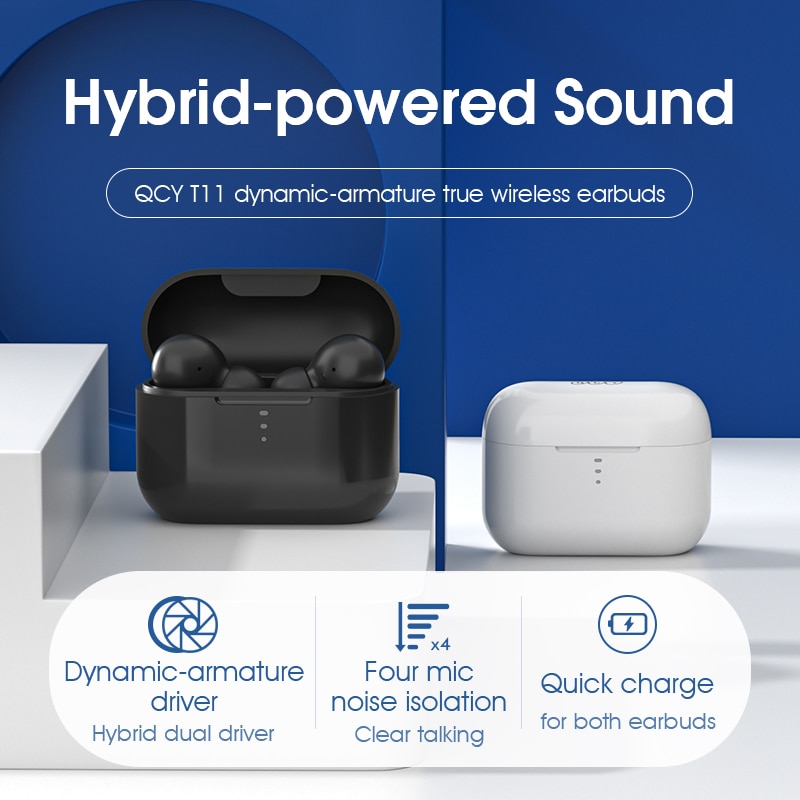 QCY T11 Hifi Dual Drivers Bluetooth TWS Earphone Wireless Headphones with 4 Mics Noise Isolation ...