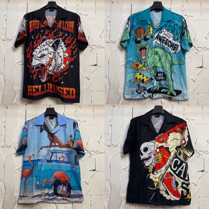 เสื้อฮาวายหมาป่า ไดโนเสาร์ ฟลามิงโก้ ไซส์M-4XLอก40-60นิ้ว ไหมซาติน ...