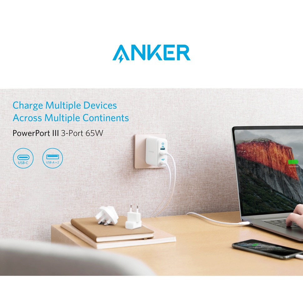 Anker 65W PIQ 3.0ampGaN Type C Charger with a 45W PD Port PowerPort III ...
