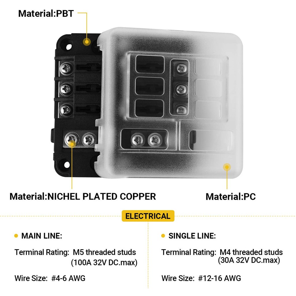 6 Way 12V Blade Fuse Block 12 Volt Waterproof Fuse Box Holder, 6 Circuit W/Negative Bus Fuse Box ...