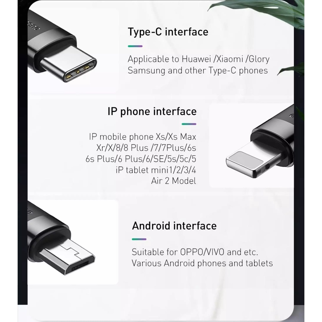 Baseus 3 in 1 USB To Type-C Micro USB iPhone Charger Data Cable 1.2M - warmuily - ThaiPick