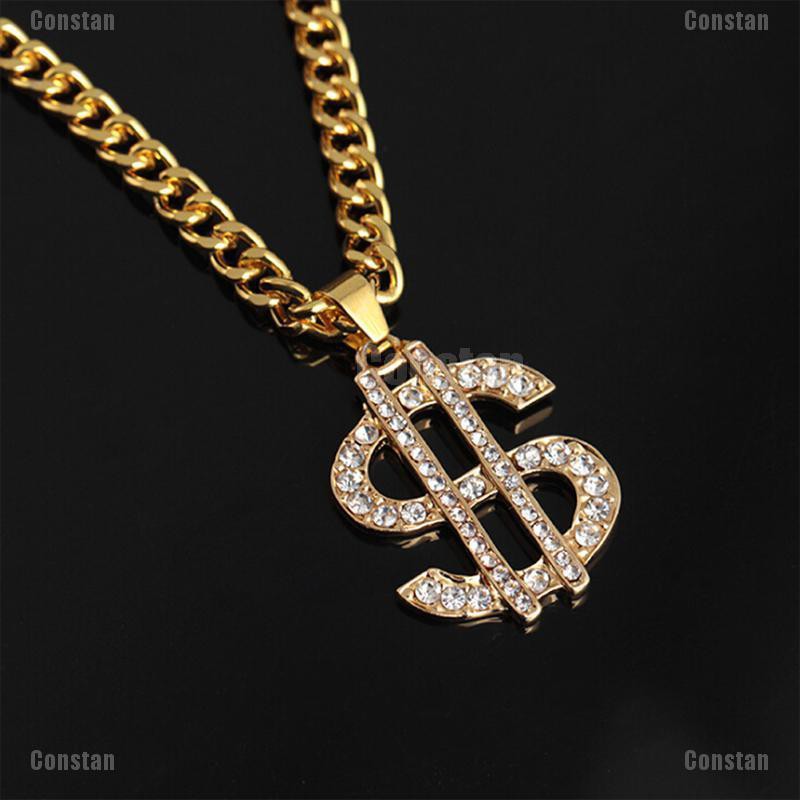 【Constan】Gold Plated Crystal Dollar Sign Pendant Necklace Gangster Pimp ...