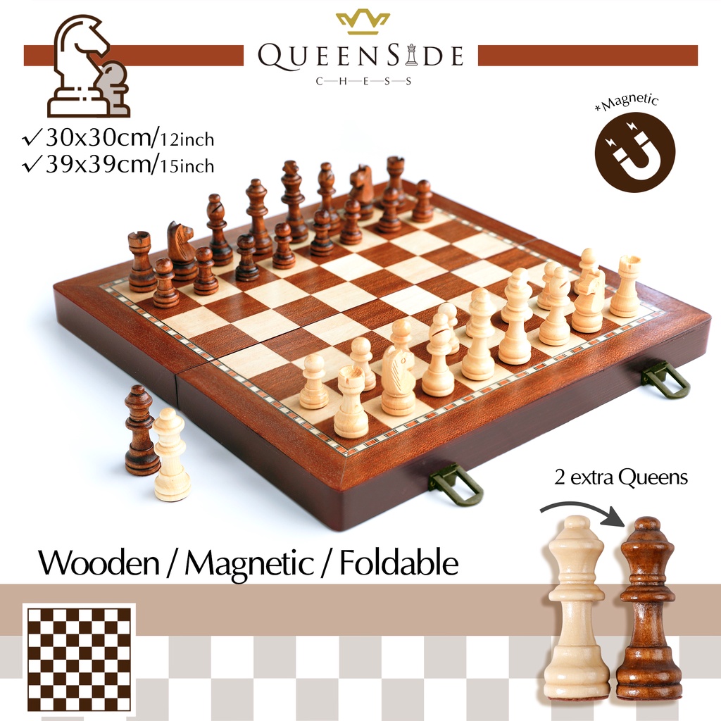 Queenside Magnetic Wooden Chess Set With Folding Chess Board And Staunton Chess Pieces 2 Extra