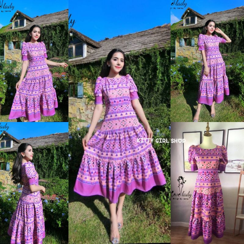 พร้อมส่งs 5xl ป้าย Love Ladyเดรสผ้าพิม์ลายไทยสีสวยมากแต่งแขนตั้งทรง