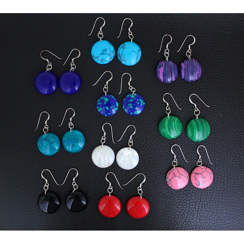 ต่างหูหินสี กลม 20 mm. ขอเกี่ยวเงินแท้ 925 หินเจียด้วยมือ Stone silver ...