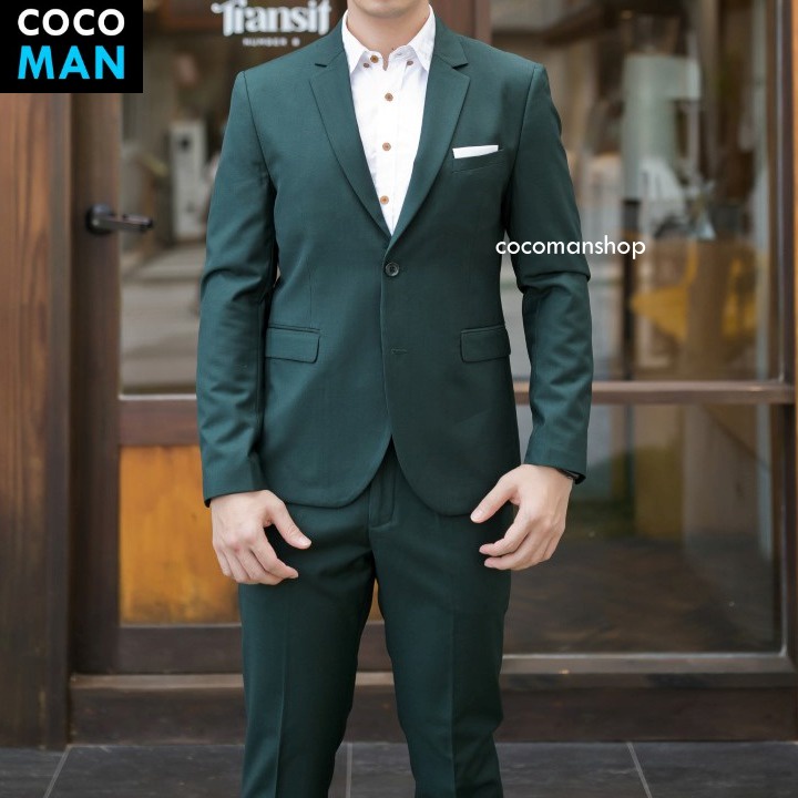 มีโค้ดลดเพิ่มCOCO-MAN ชุดสูทผู้ชาย สีเขียวเข้ม เสื้อสูท กระดุม 2 เม็ด ...