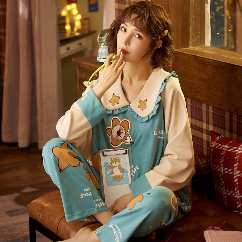 ชุดนอน ชุดนอนด้าย Pajamas New Female Spring And Autumn Long Sleeved