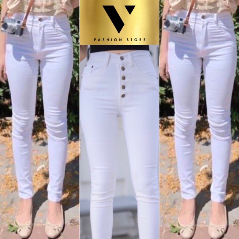 V-JEANSยีนส์ กางเกงยีนส์สีขาว กางเกงขายาว กางเกงยีนส์เอวสูง กางเกงยีนส์สกินนี่ ใส่ไม่ได้เปลี่ยน ...