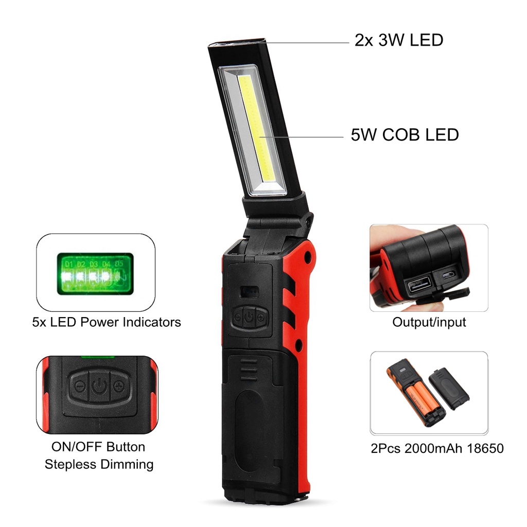 ☂USB แบบชาร์จไฟได้ COB ไฟ LED ทำงานไฟฉายหรี่ไฟแม่เหล็กโคมไฟตรวจสอบ Hook ...