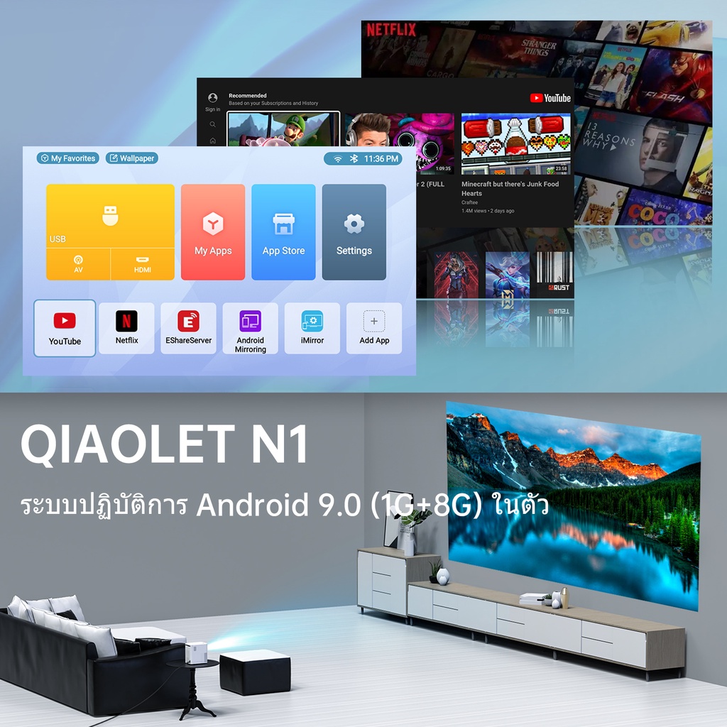QIAOLET N1 4K โปรเจคเตอร์ มินิโปรเจคเตอร์ คุณภาพระดับ Android 9.0 ในตัว netflix รองรับการเชื่อม ...