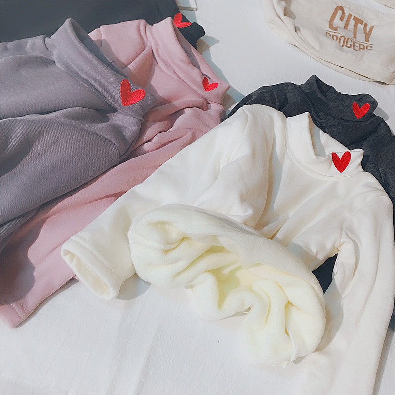 Double layer plus velvet padded girls baby high neck love T-shirt ...