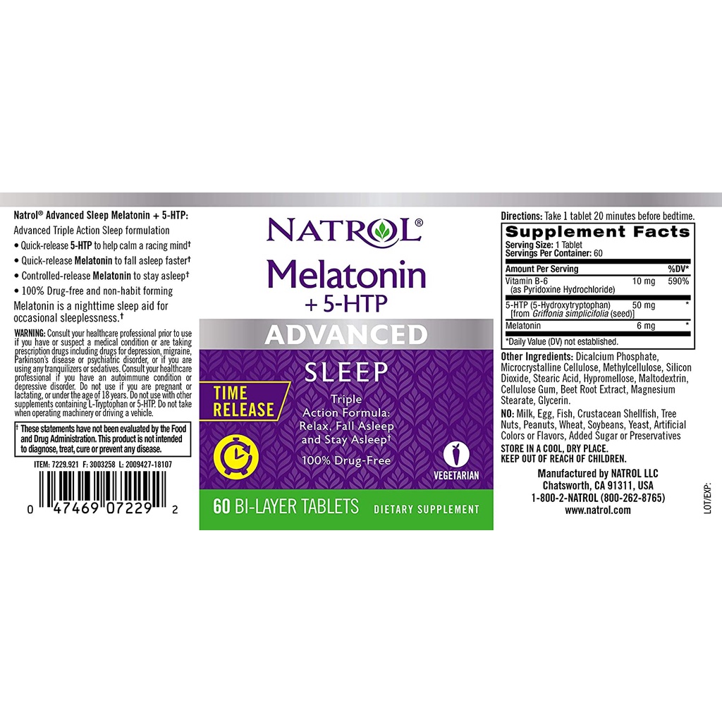 Natrol Melatonin 5-HTP Advanced Sleep 60 Bi-Layer Tablets ช่วยให้หลับ ...