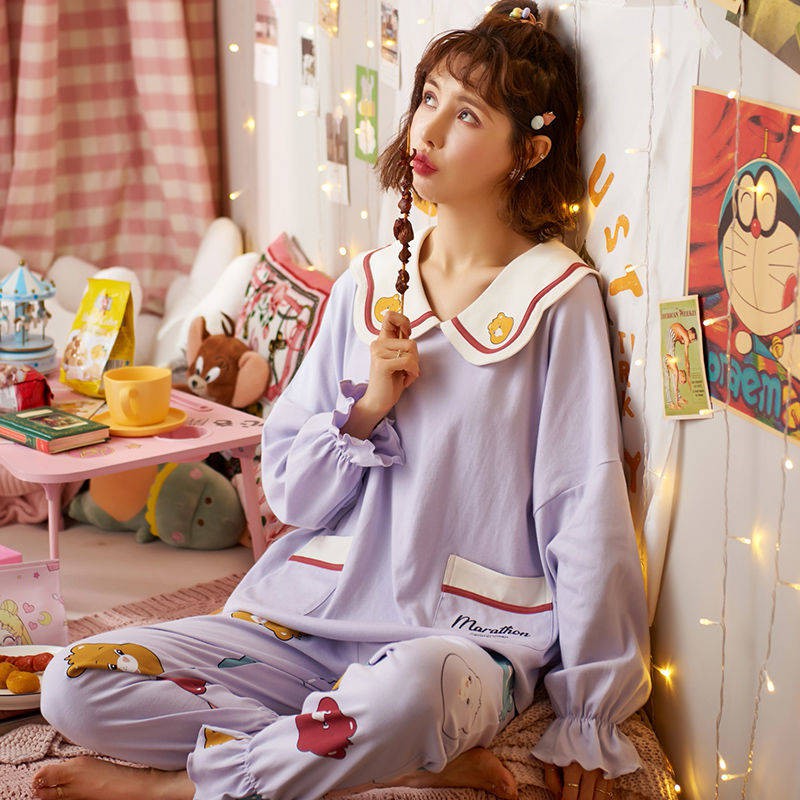 ชุดนอน ชุดนอนด้าย Pajamas New Female Spring And Autumn Long Sleeved