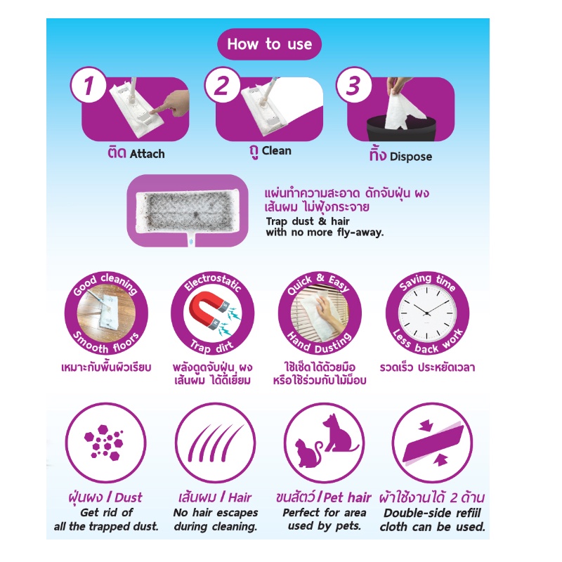 Poly-Brite ม็อบดันฝุ่น เมจิกไวเปอร์ Magic wiper mop แถมฟรี รีฟิล 5 ชิ้น ...