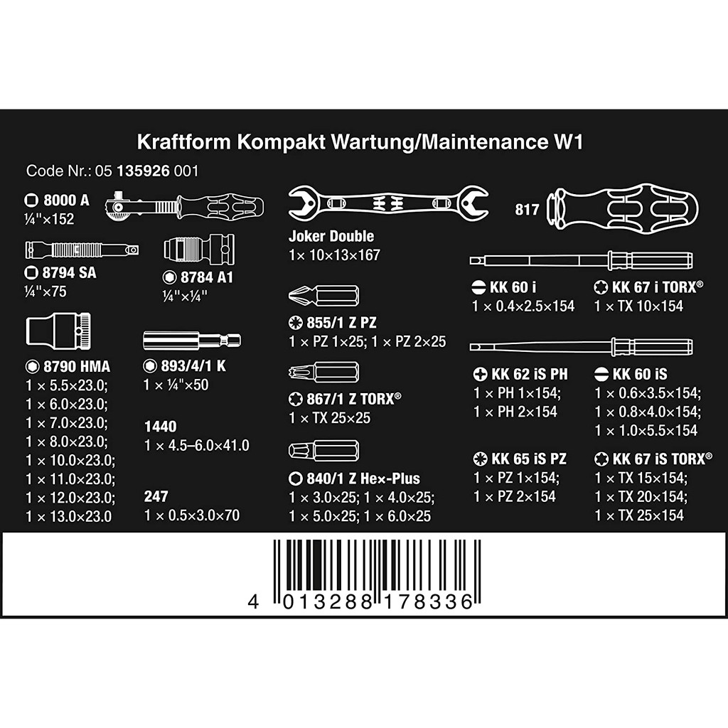 Wera Kraftform Kompakt W 1 Maintenance Bit set with handle and inter ...