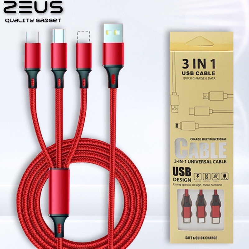 ZEUS️Cable Charger 3 in 1 สายชาร์จโทรศัพท์มือถือ สำหรับ ไอโฟน และ แอนดร ...
