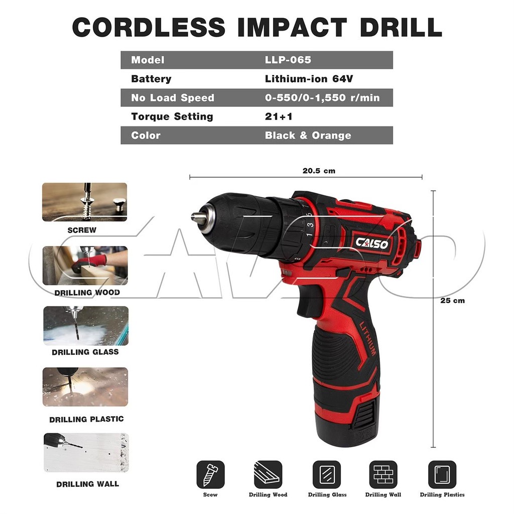 ☒CALSO 64V สว่านไร้สาย สว่าน สำหรับเจาะไม้ เหล็ก ขันน็อตสกรู ปรับสปีดได้ มาพร้อมแบตเตอรี่ 2 ก้อน ...