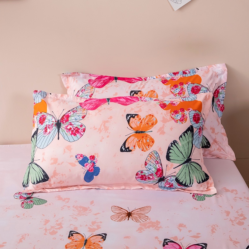Pink Butterfly Printed Fitted Sheet 3pcs Bed Sheet with Pillowcases ...