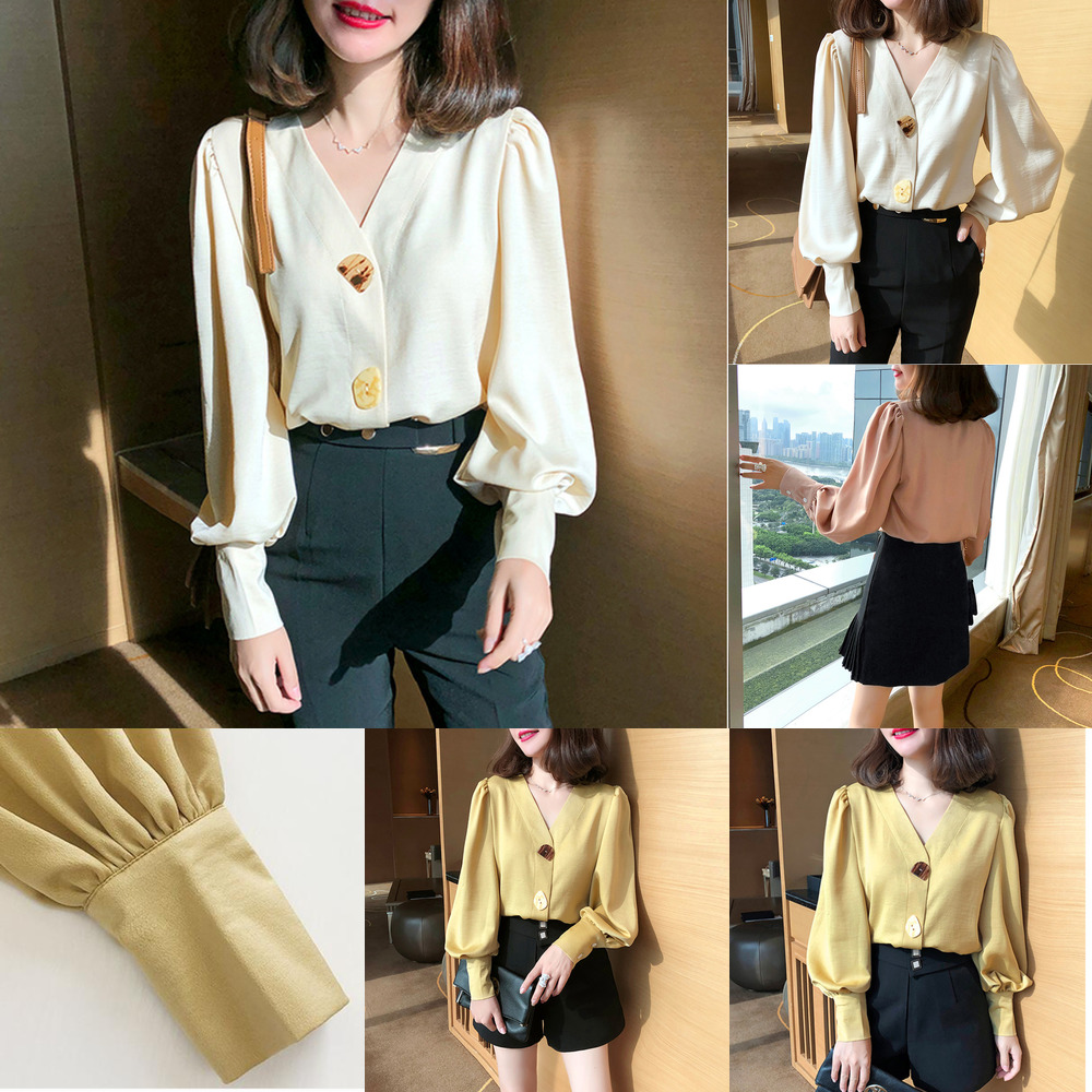 Korean Style Women Loose Puff Bubble Long Sleeve Blouse kVYd ...