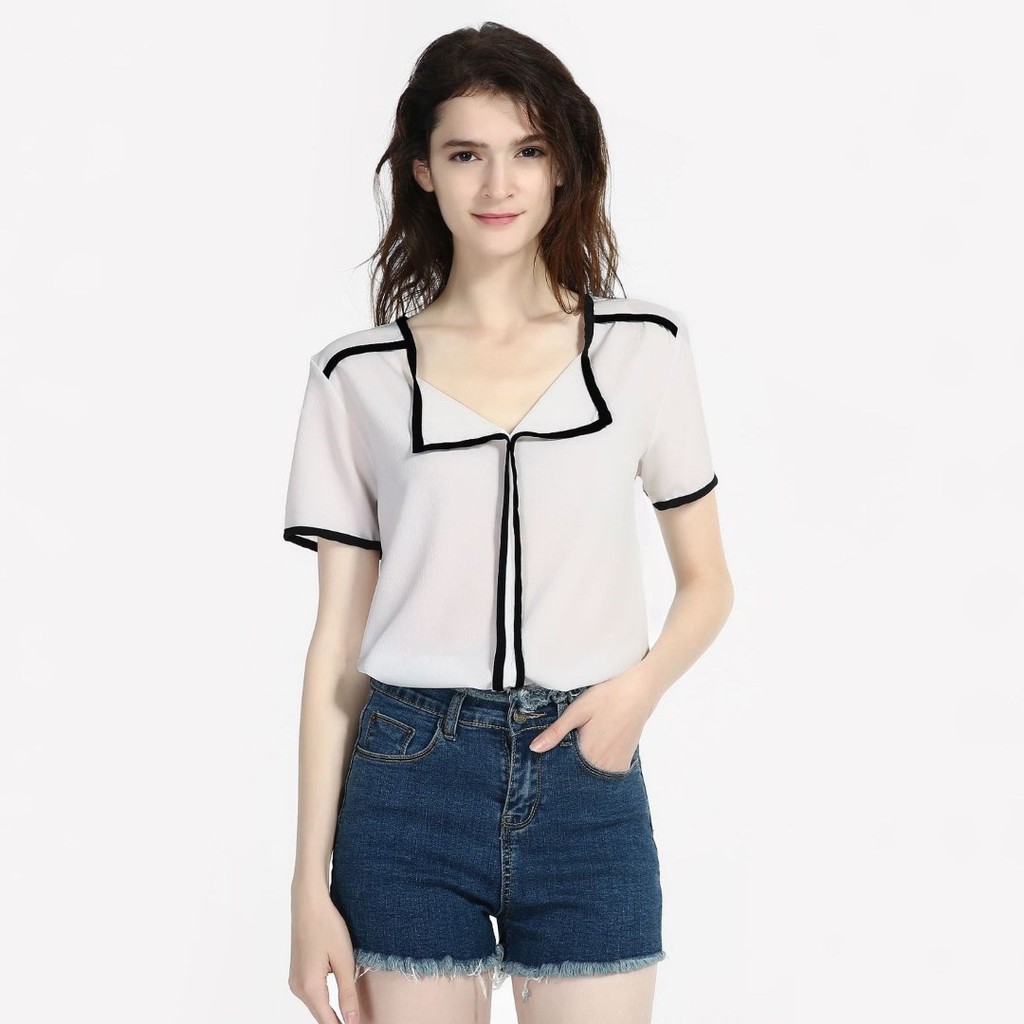 Fashion1 ถูกที่สุด เสื้อแฟชั่นผ้าชีฟองแขนสั้น ปกคอแบะ แต่งกุ้นขอบ 3 สี - fashion1one - ThaiPick