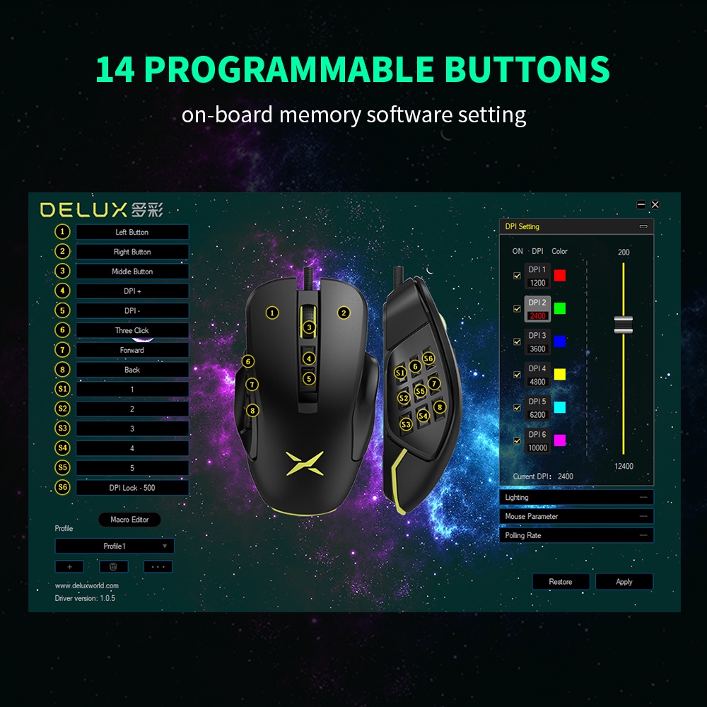 Delux M631 Wired MMO Gaming Mouse RGB Backlit 9 Side Buttons High ...
