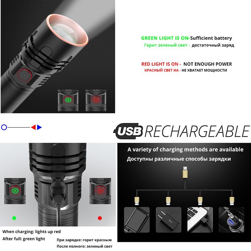 Super Bright P50 LED Flashlight Zoom Flashlight USB Chargeable Torch T6 LED Waterproof ...