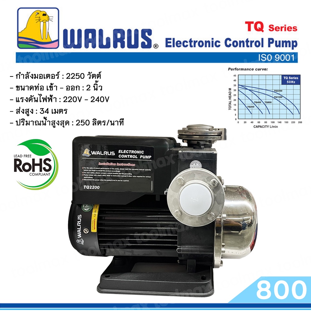 WALRUS ปั๊มน้ำอัตโนมัติแรงดันคงที่ 3HP ขนาด 2นิ้ว 2200วัตต์ รุ่น TQ2200 ควบคุมด้วยอิเลคทรอนิคส์ ...