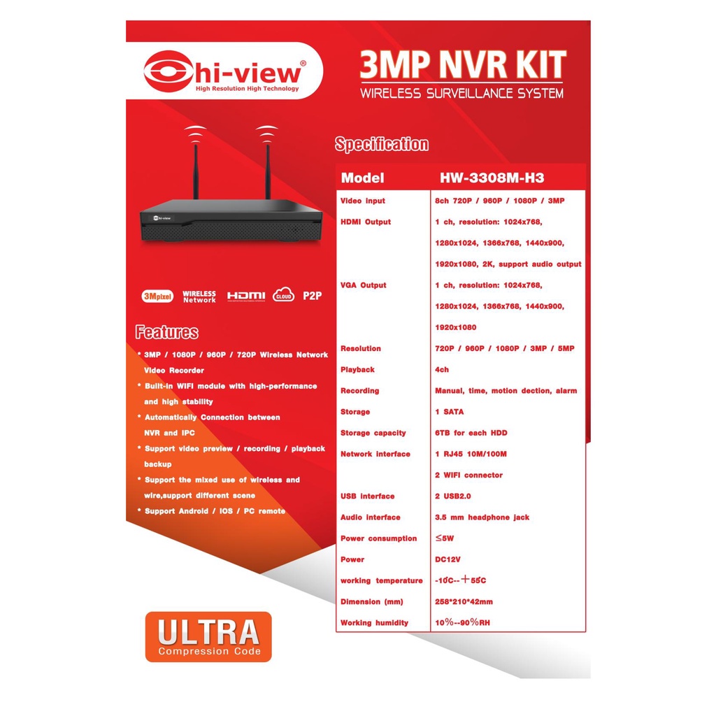 Hi-viewชุดกล้องวงจรปิด IP Camera WiFi HD 3 MP ฟังเสียงได้ รุ่นHW ...