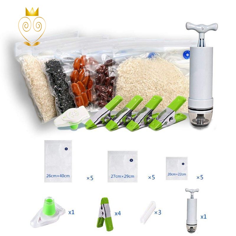 Sizes Reusable Vacuum Sealer Bags, 1 Hand Pump, 3 Bag Sealing Clip ...